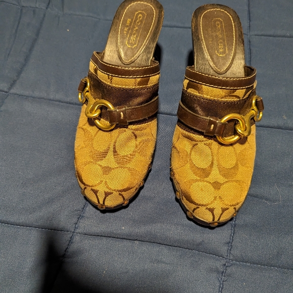 Coach | Shoes | Coach Clogs Mules Heels Shoes Brown Logo Wood Heel Size ...
